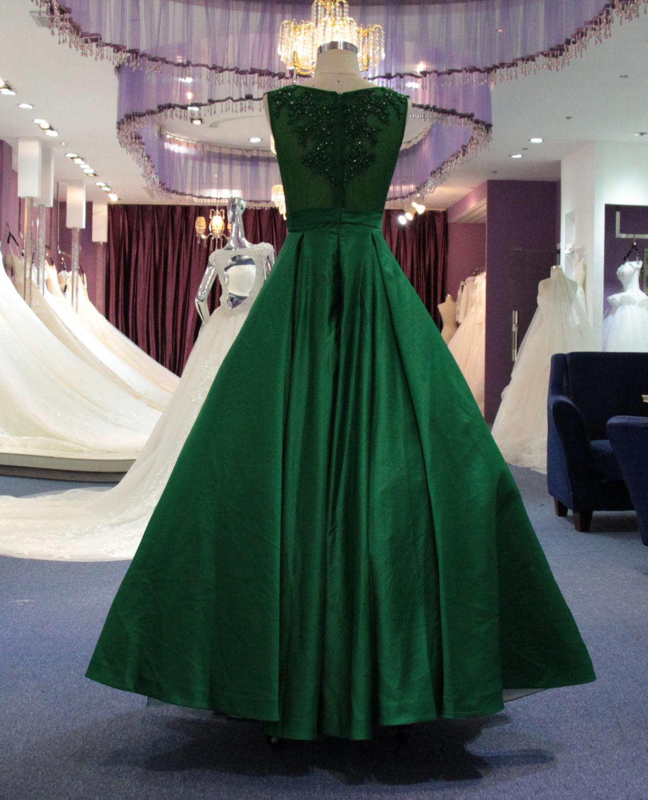 Green Satin Prom Dress With Boat Neck And Beading Bodice on Luulla