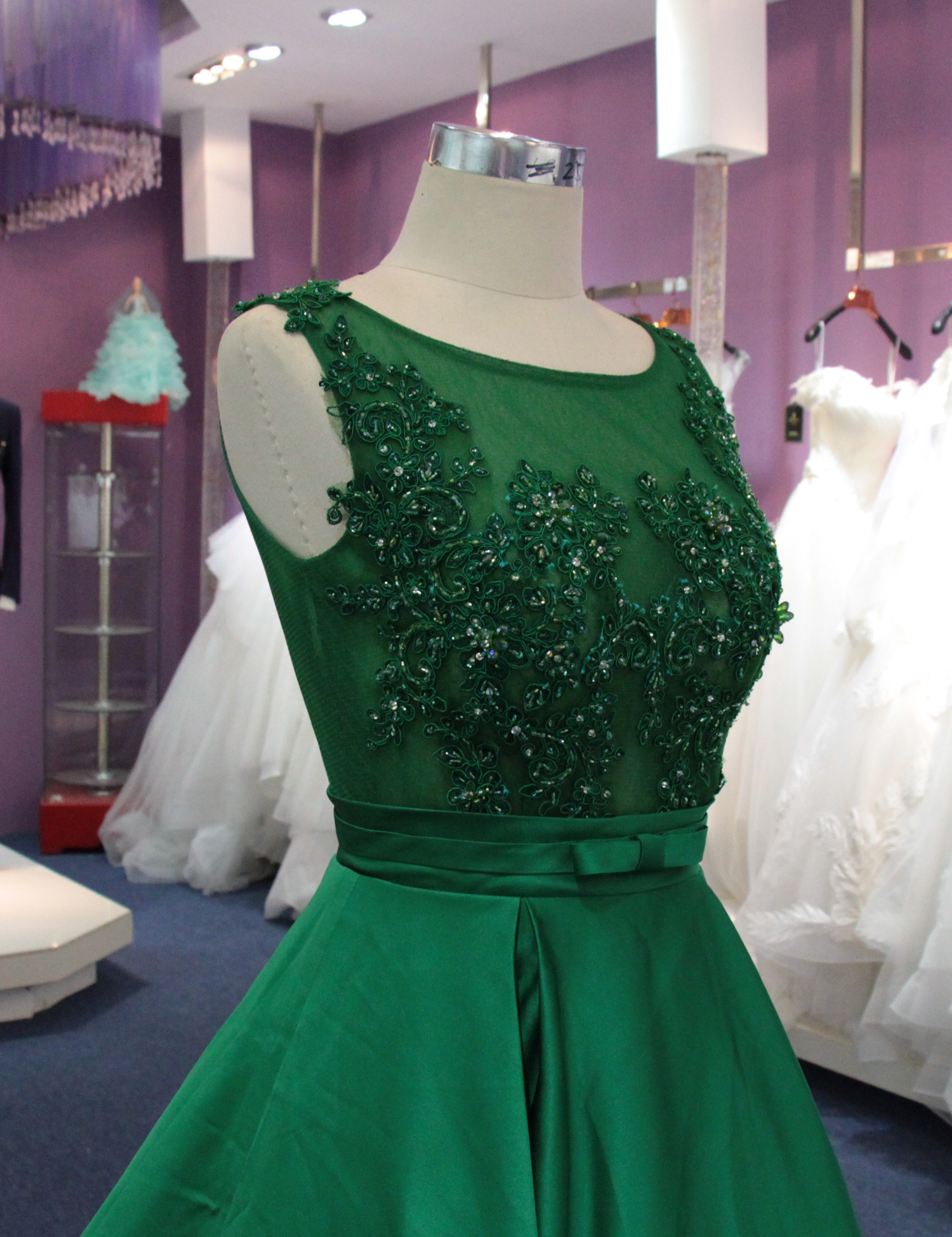 Green Satin Prom Dress With Boat Neck And Beading Bodice on Luulla
